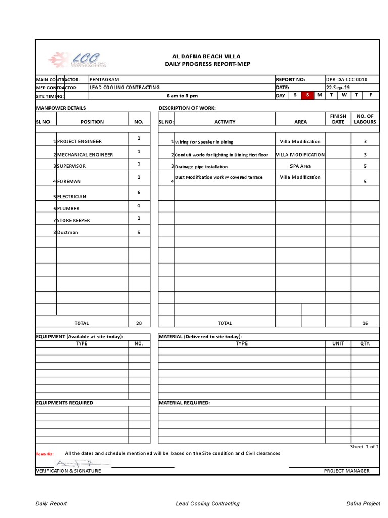 Mep Daily Site Report Sample | PDF | Building Technology | Equipment