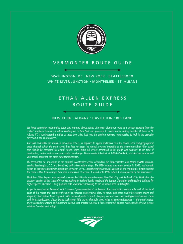 Amtrak Ethan Allen Express Vermonter Train Route Guide | PDF | Vermont ...