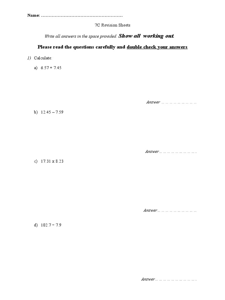 Year 7 Maths Revision Worksheet | PDF | Elementary Mathematics ...
