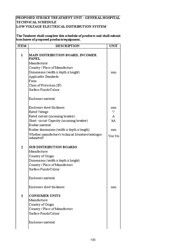 Technical Schedule - LV Electrical Distribution System | PDF ...