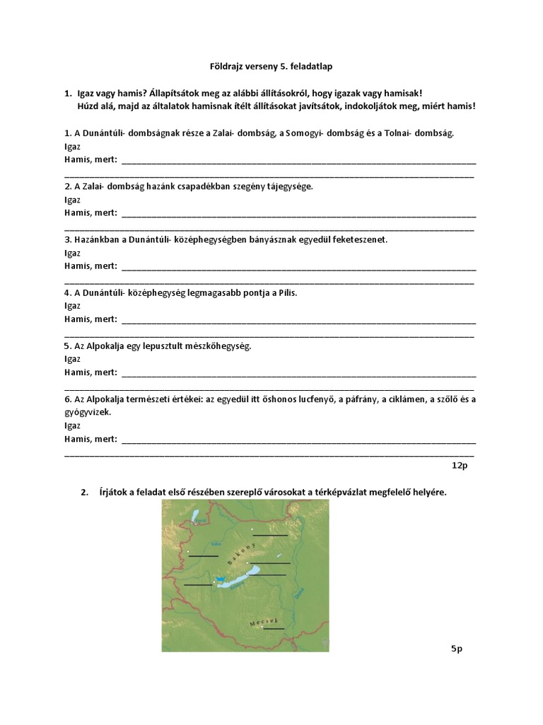 Földrajz Verseny 5.feladatlap (Hazánk Tájai) | PDF