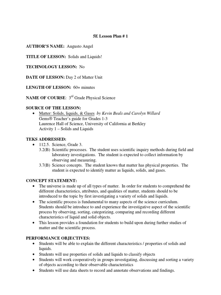 Gems 5-E Lesson Plan 1 | PDF | Scientific Method | Liquids