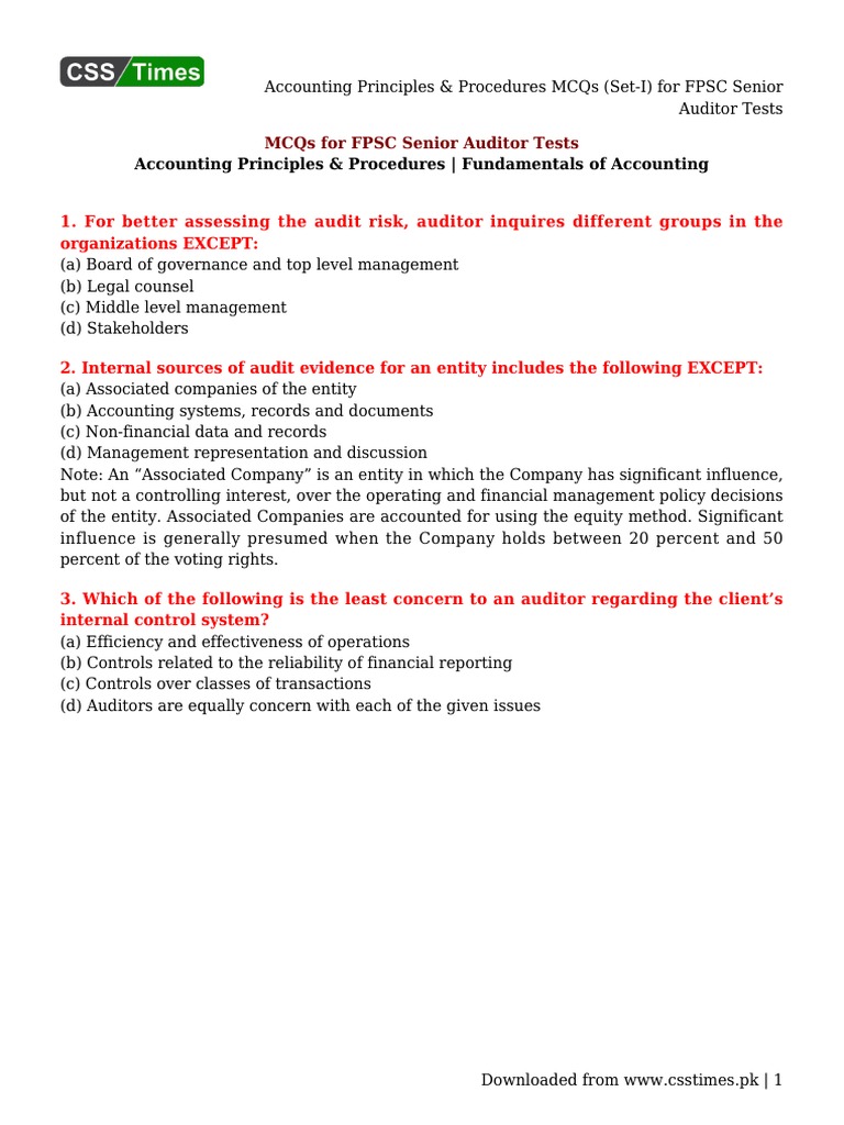 Accounting Principles & Procedures MCQs (Set-I) For FPSC Senior Auditor ...