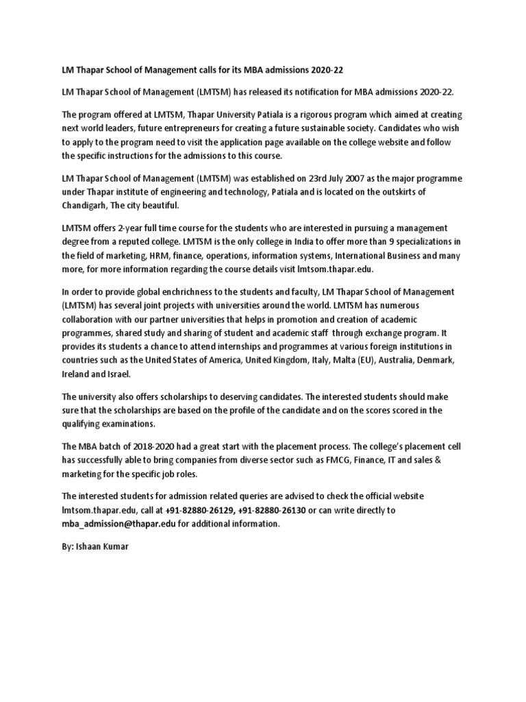 LM Thapar School of Management Calls For Its MBA Admissions 2020 | PDF ...