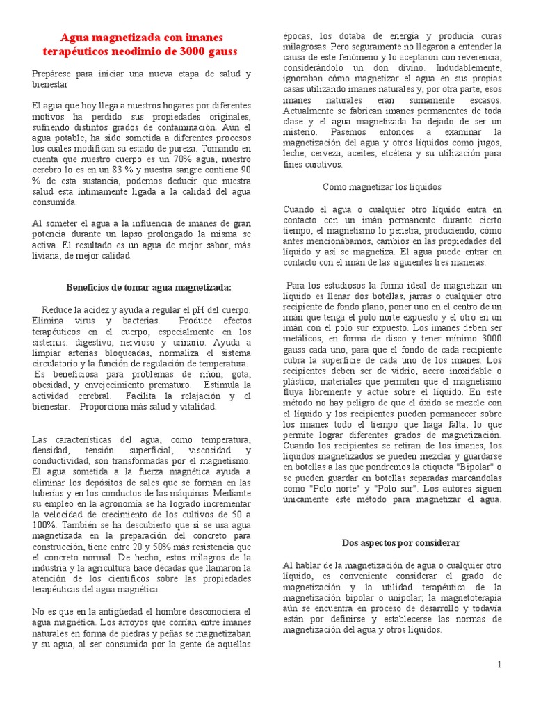 Agua Magnetizada Con Imanes Terapeuticos Neodimio de 3000 Gauss | PDF ...
