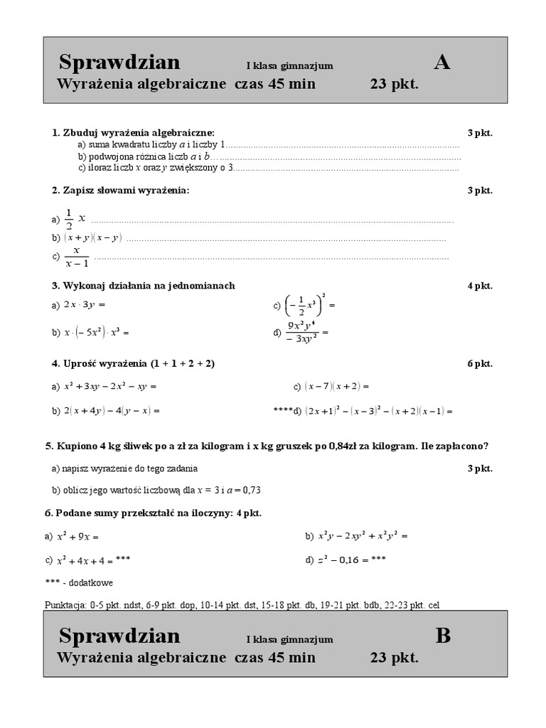 Wyrazenia Algebraiczne | PDF