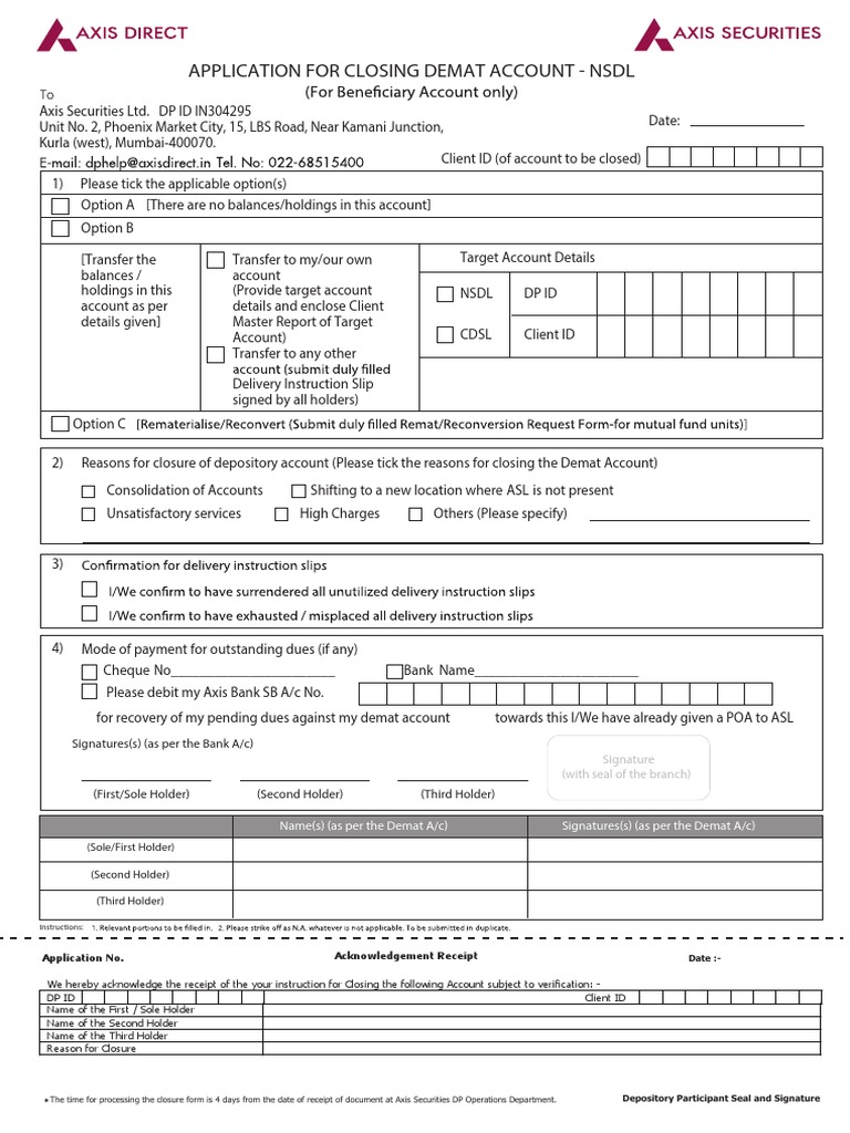 Axis DPClosure Form NSDL | PDF | Financial Services | Banking
