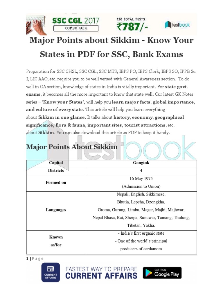 Major Points About Sikkim Know Your States PDF | PDF | Nature