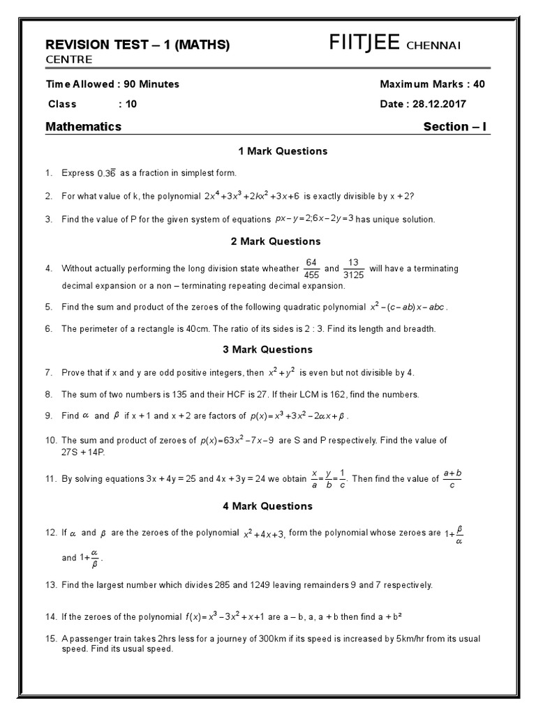 Revision Test - 1 (MATHS) ON 28-12-17 | PDF | Polynomial | Algebra