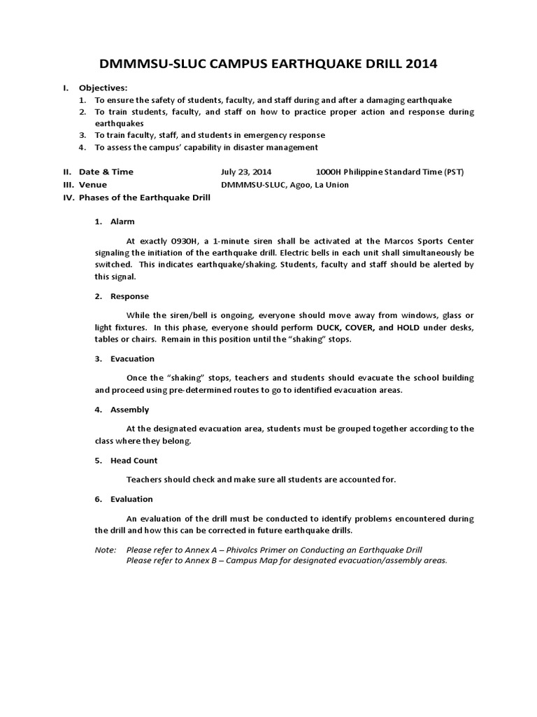 Primer On Campus Earthquake Drill 2014 | PDF | Incident Management ...