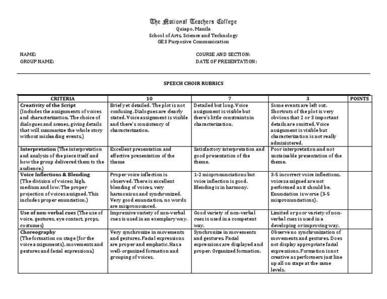 Speech Choir Rubrics | PDF | Gesture | Nonverbal Communication