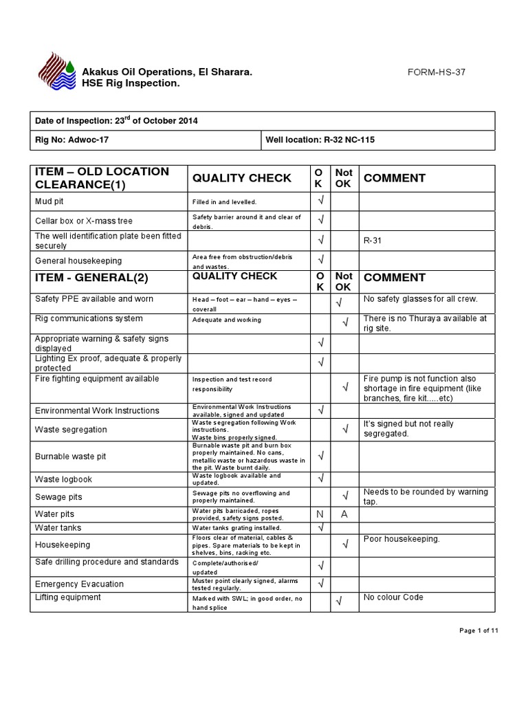 Drilling Rig Safety Inspection Checklist | PDF | Hydraulics | Safety