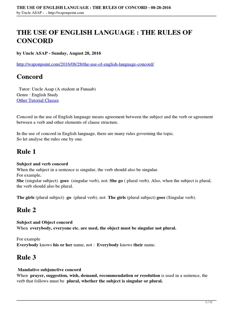 The Use of English Language Concord | PDF | Grammatical Number | Plural