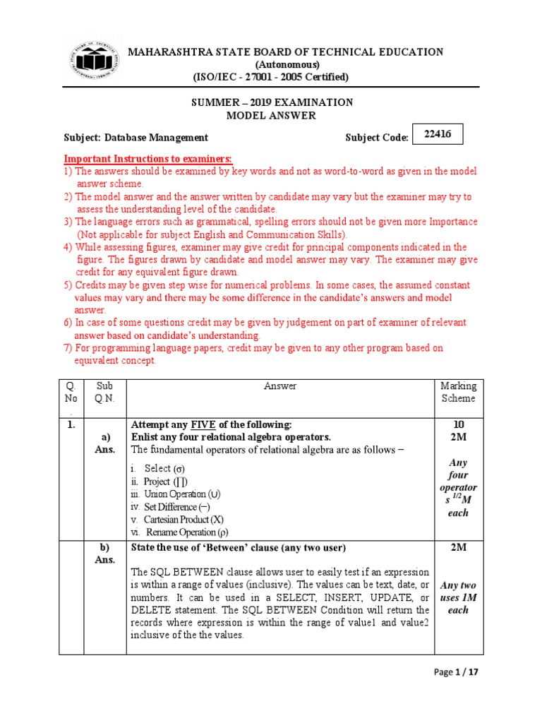 2019 Summer Model Answer Paper (Msbte Study Resources) | PDF | Sql ...