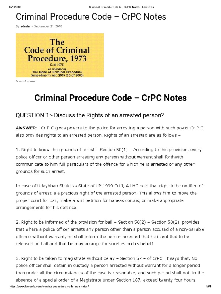 Criminal Procedure Code - CRPC Notes | PDF | Criminal Procedure In ...