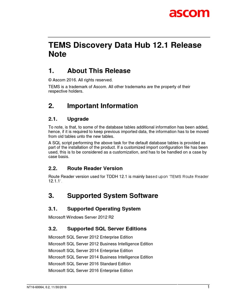 TEMS Discovery Data Hub 12.1 - Release Note | PDF | High Speed Packet Access | Microsoft Sql Server