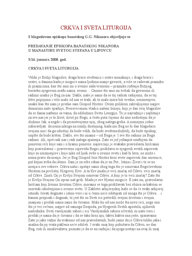 CRKVA I SVETA LITURGIJA - Episkop Banatski NIKANOR | PDF