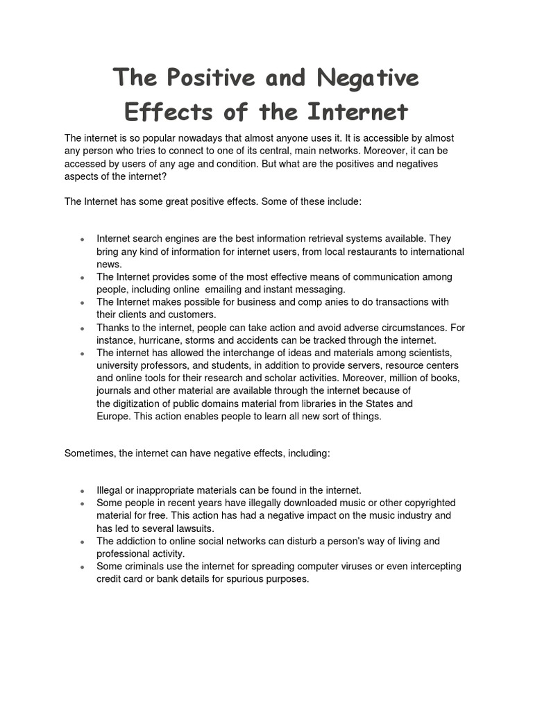Positive and Negative Effects of The Internet Short Note | PDF | Computers