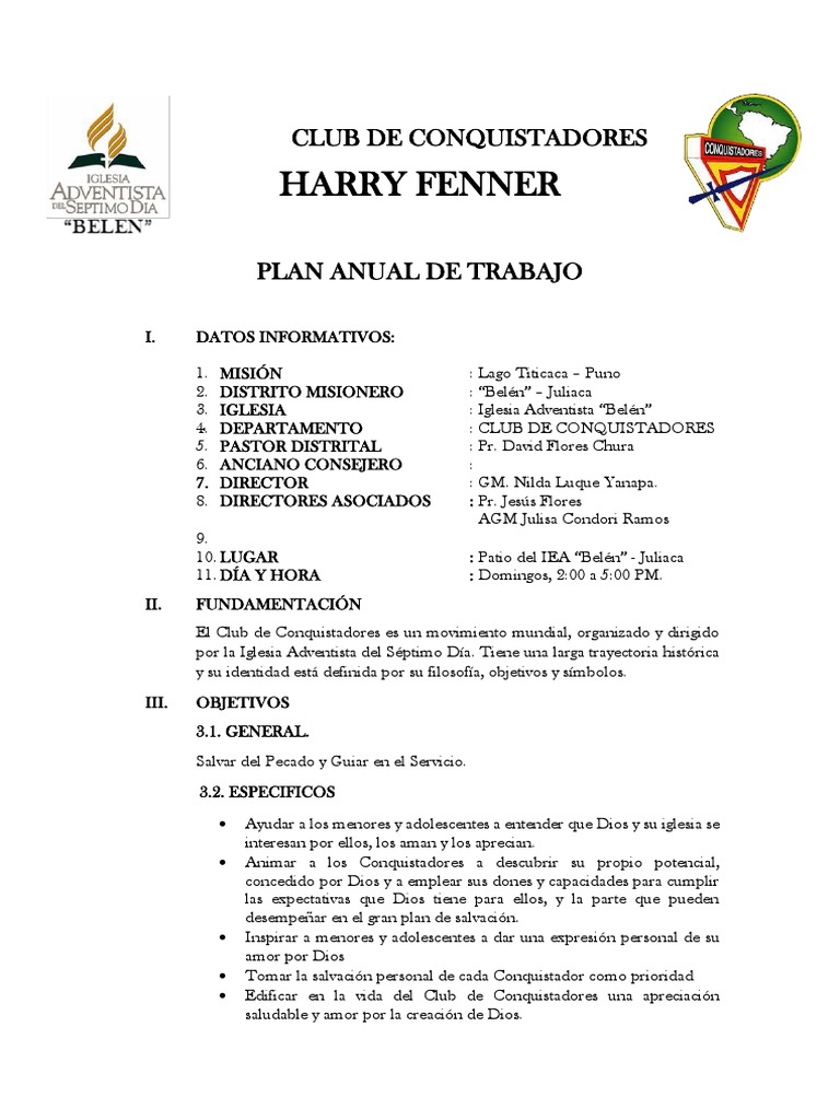 Plan Anual del Club de Conquistadores "Harry Fenner | PDF | Iglesia ...
