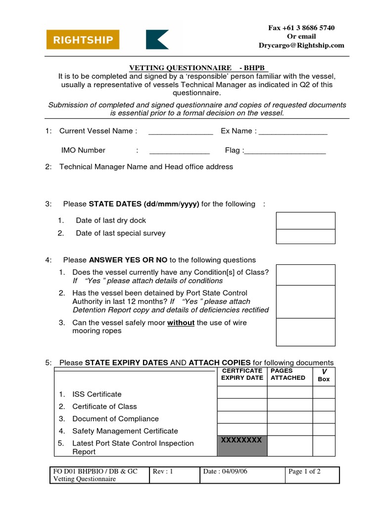 RightShip Questionnaire.pdf | Water Transport | Shipping