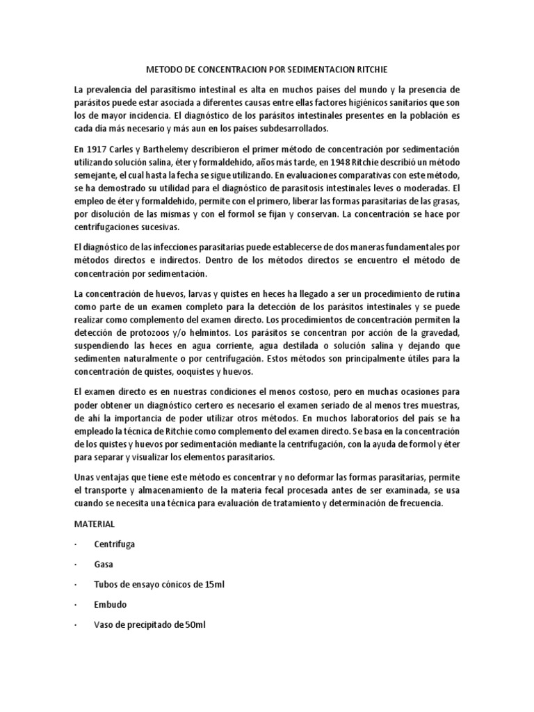 Metodo de Concentracion Por Sedimentacion Ritchie | PDF | Heces ...