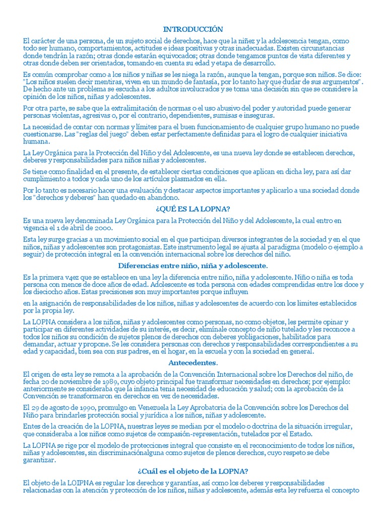 LOPNA: Derechos y Deberes de Niños y Adolescentes | PDF | Derechos de ...