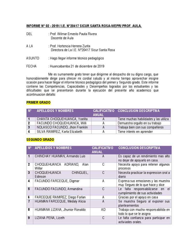 INFORME PEDAGOGICO PRIMARIA 2019