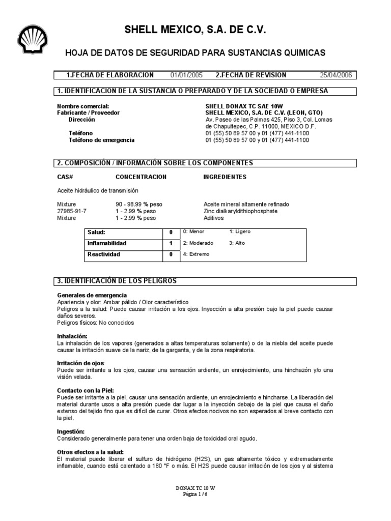 MSDS Shell Donax TC 10W ACEITE HIDRAULICO PDF | PDF | Toxicología ...