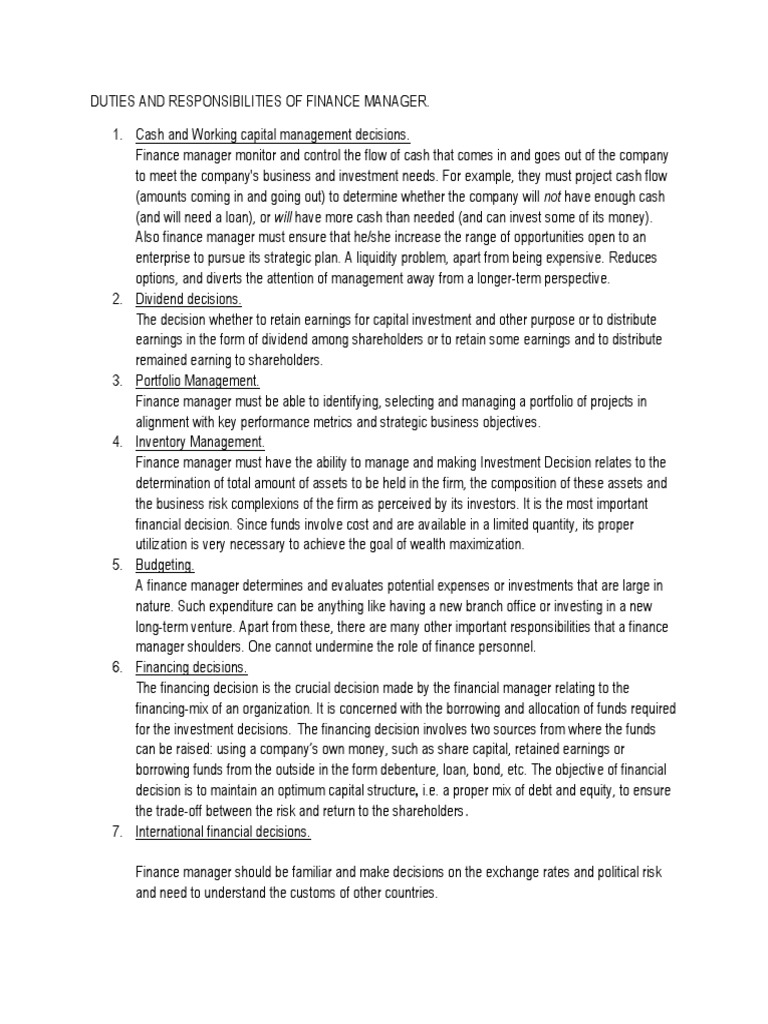 Finance Manager Duties Overview | PDF | Financial Risk | Financial Markets