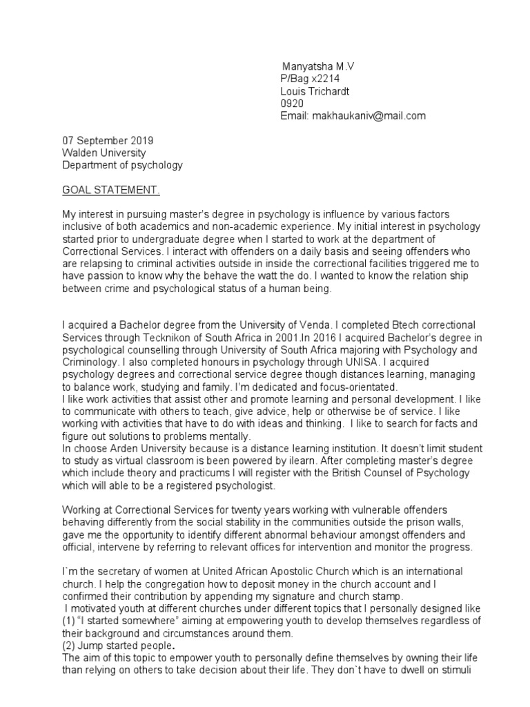 Goal Statement Walden University PDF | PDF | Academic Degree | Psychology