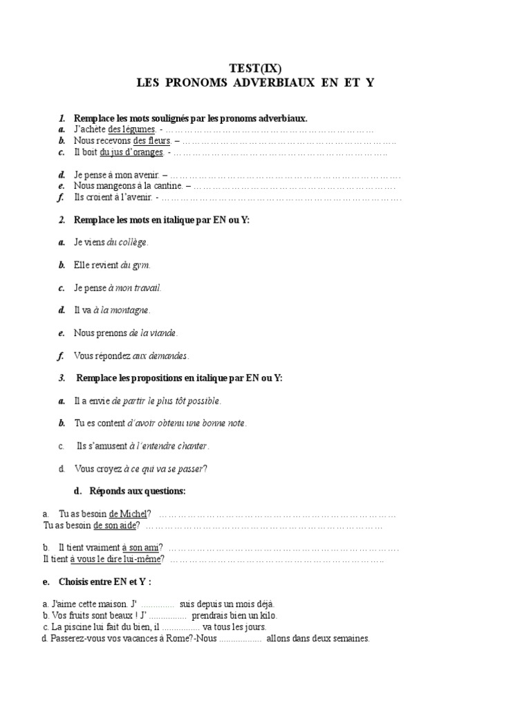 Les Pronoms Adverbiaux en Et y | PDF