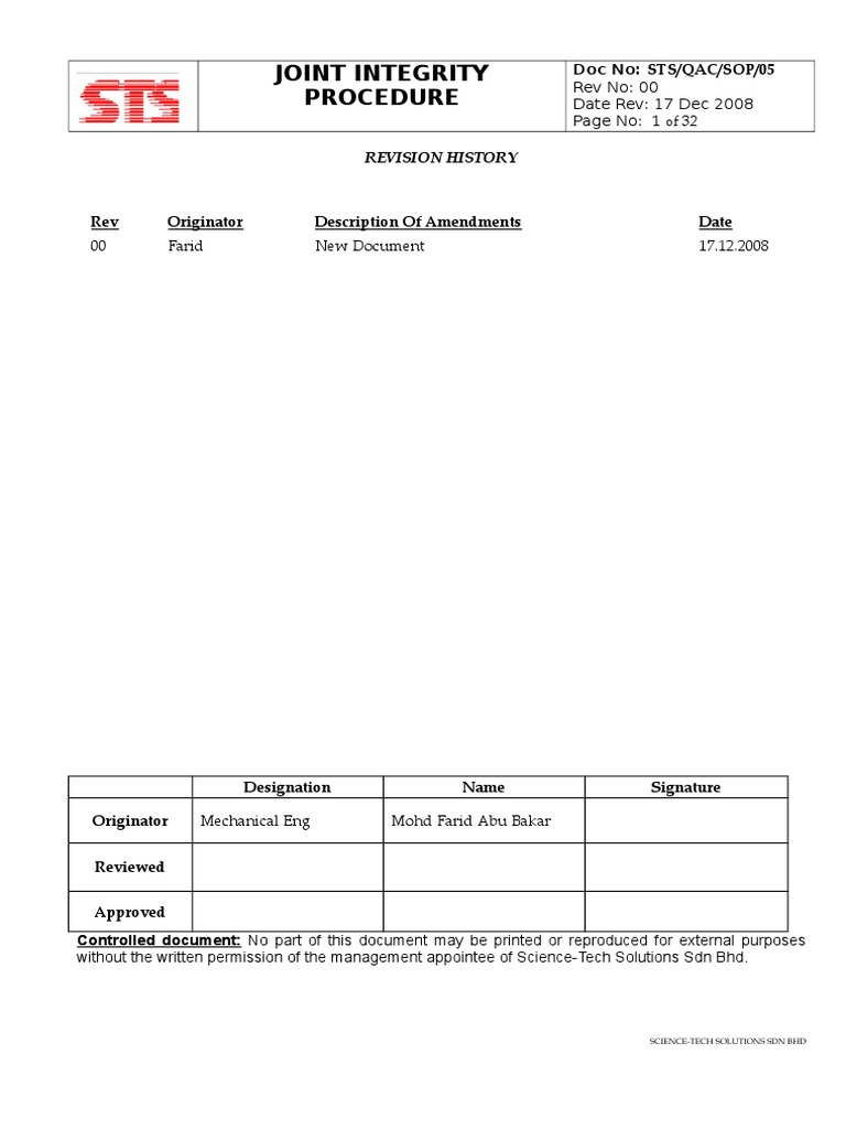 STS Qac Sop 005 Joint Integrity Procedure | PDF | Nut (Hardware) | Screw