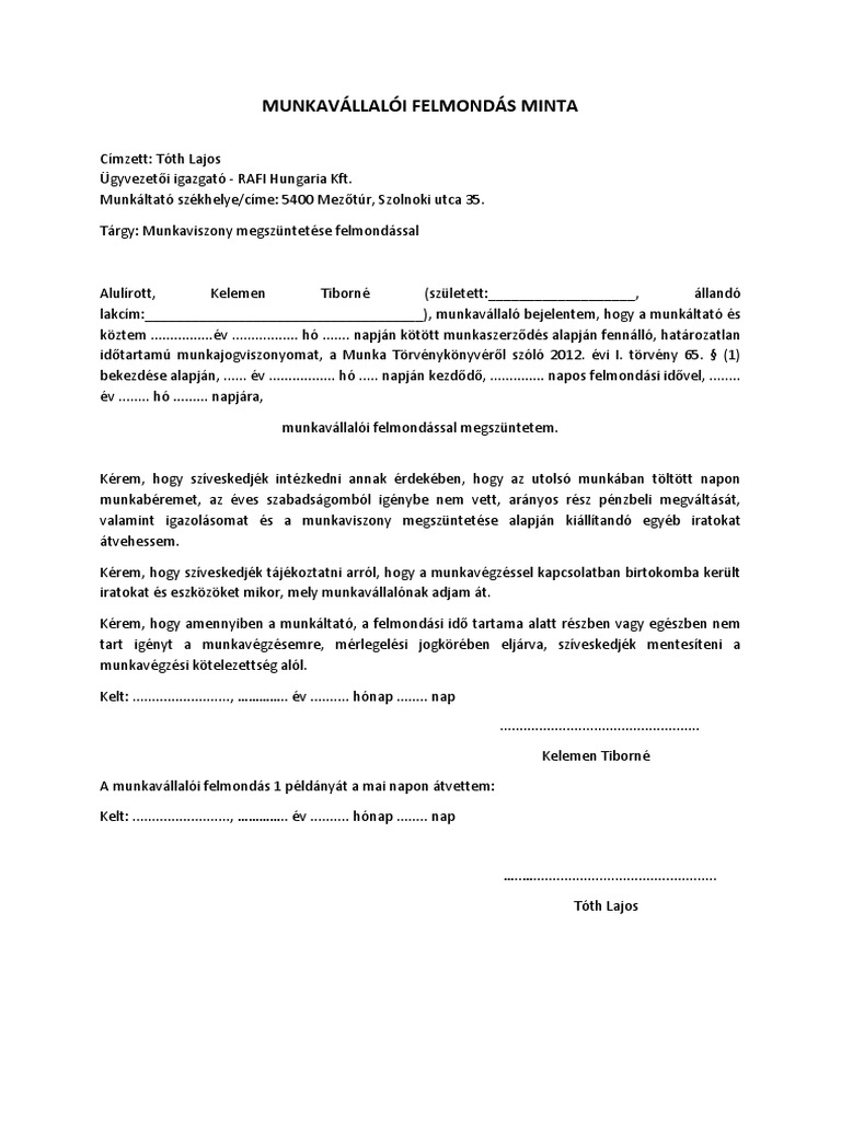 Munkavállalói Felmondás Minta | PDF