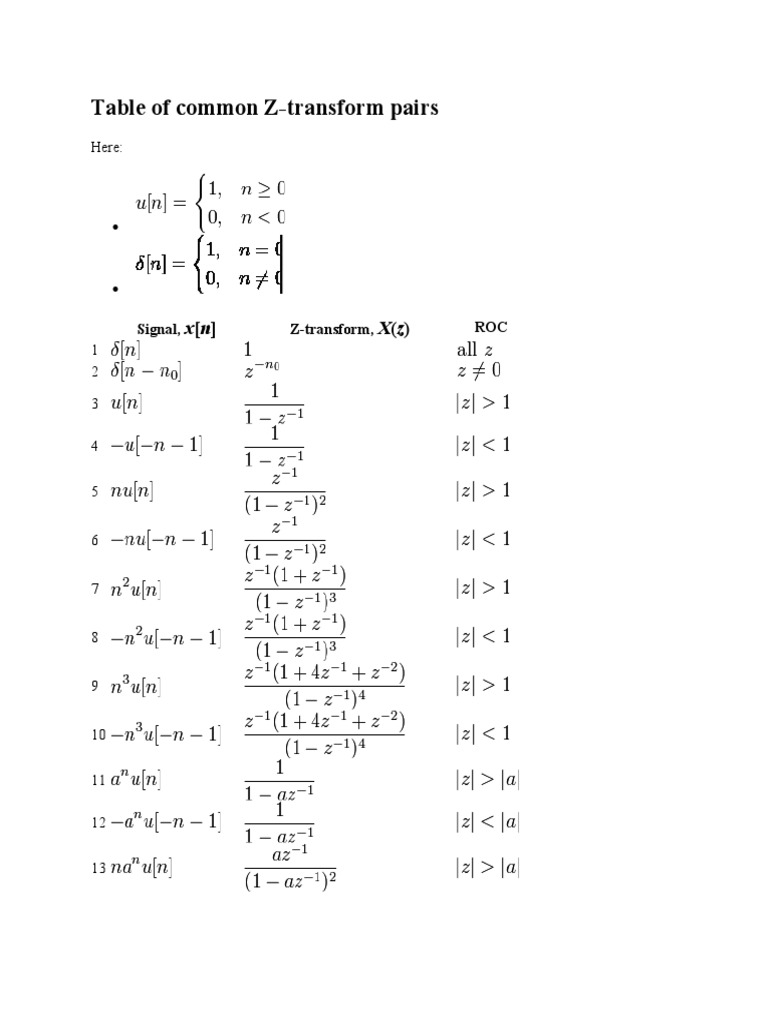 Table of Common Z-Transform Pairs: X (N) X (Z) | PDF