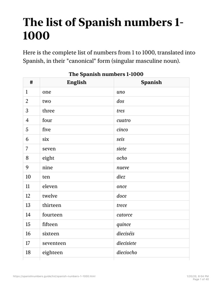 List of Spanish Numbers 1-1000 | PDF | Religión y creencia