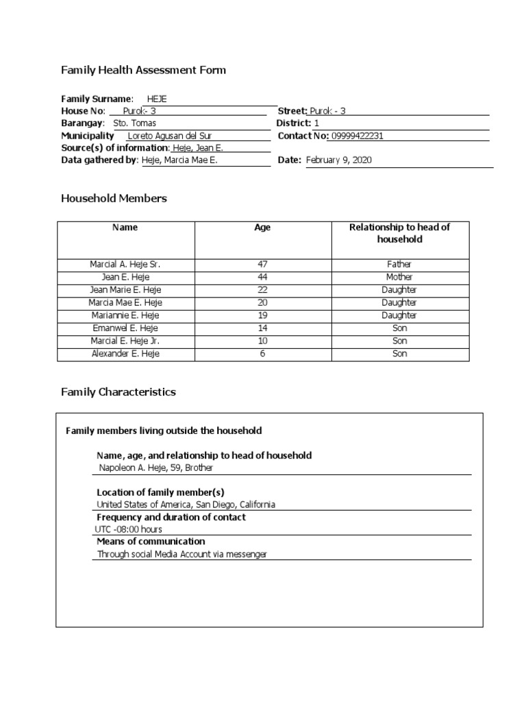 HEJE. Family Health Assessment Form. | PDF | Water | Family