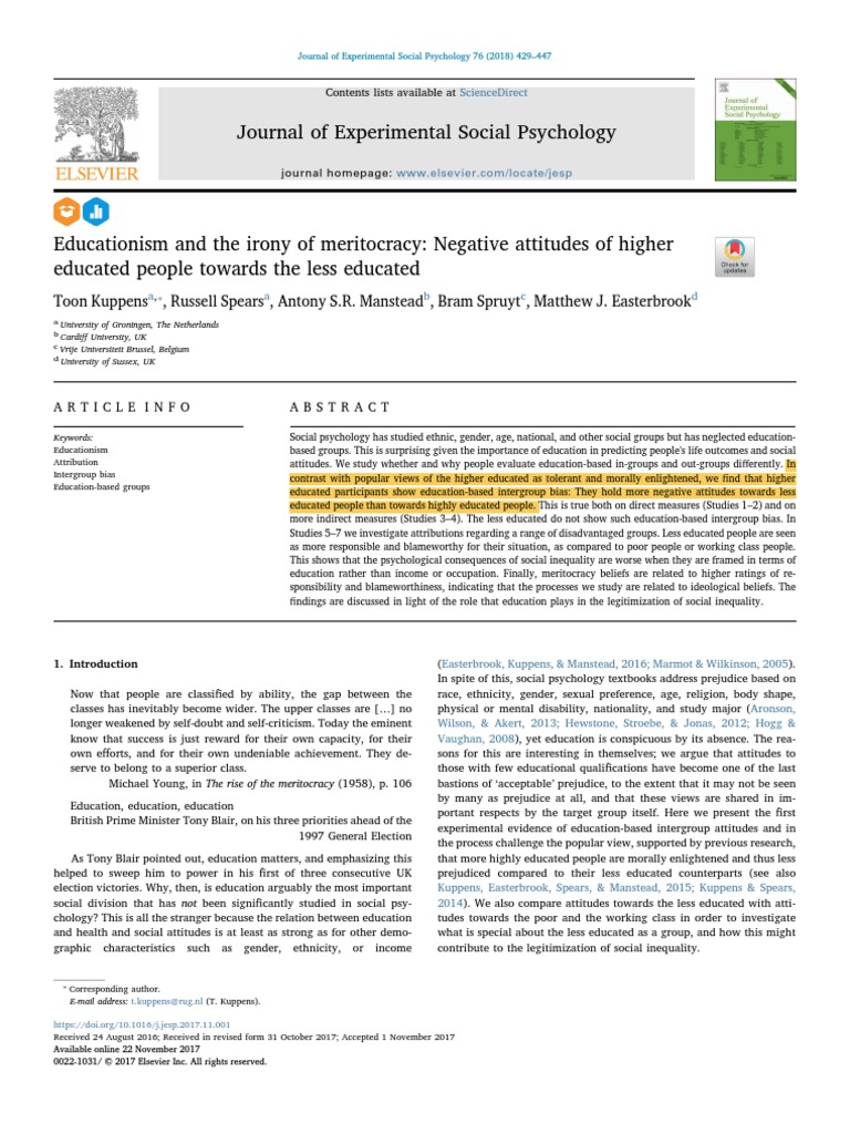 Educationism and The Irony of Meritocracy: Negative Attitudes of Higher ...