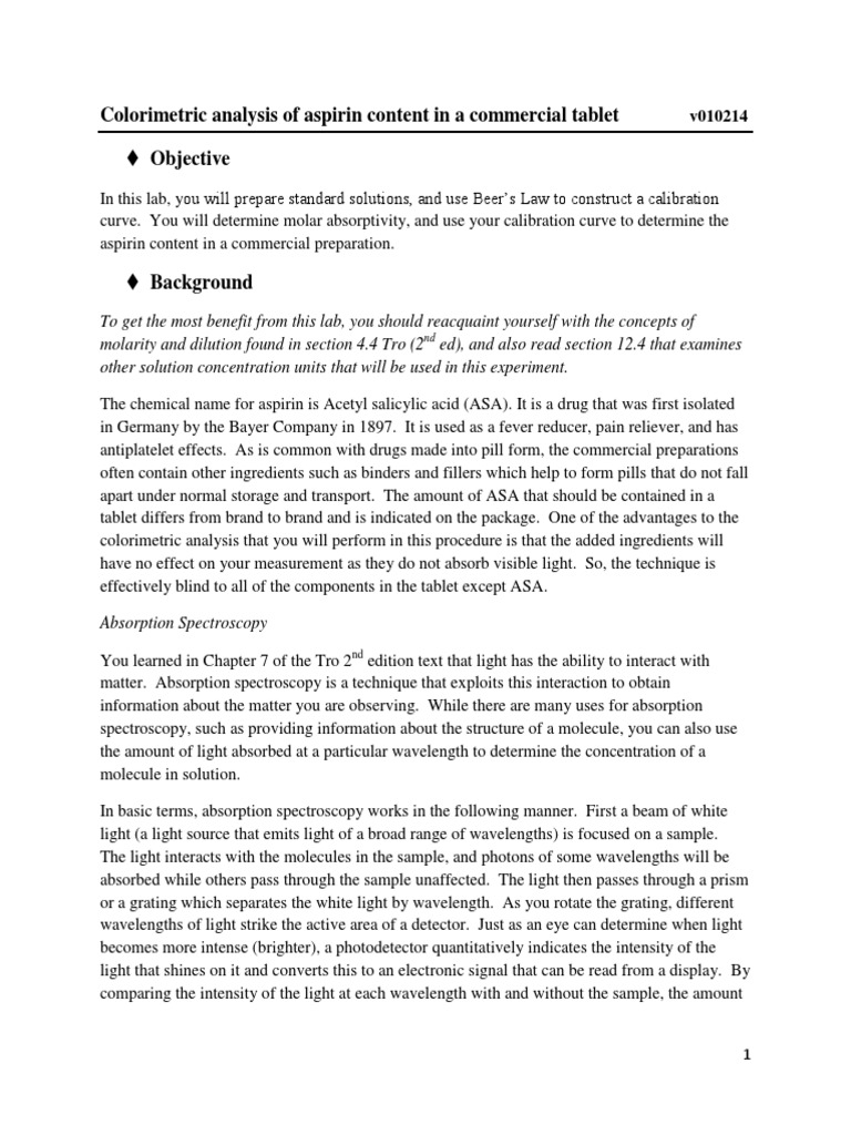 Aspirin Lab 012714 | PDF | Absorbance | Absorption Spectroscopy