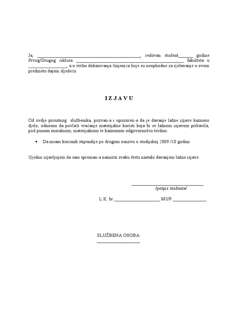 Obrazac-Izjava o Nekoristenju Druge Stipendije | PDF