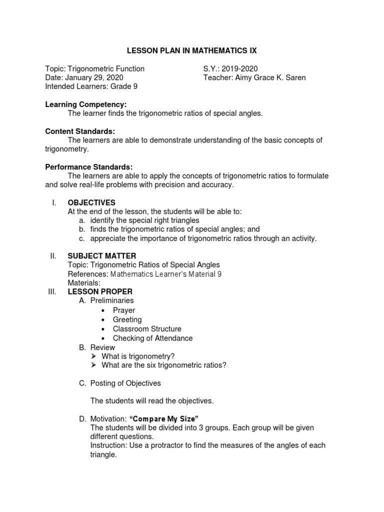 Trigonometric Ratios Lesson Plan IX | PDF | Trigonometry ...