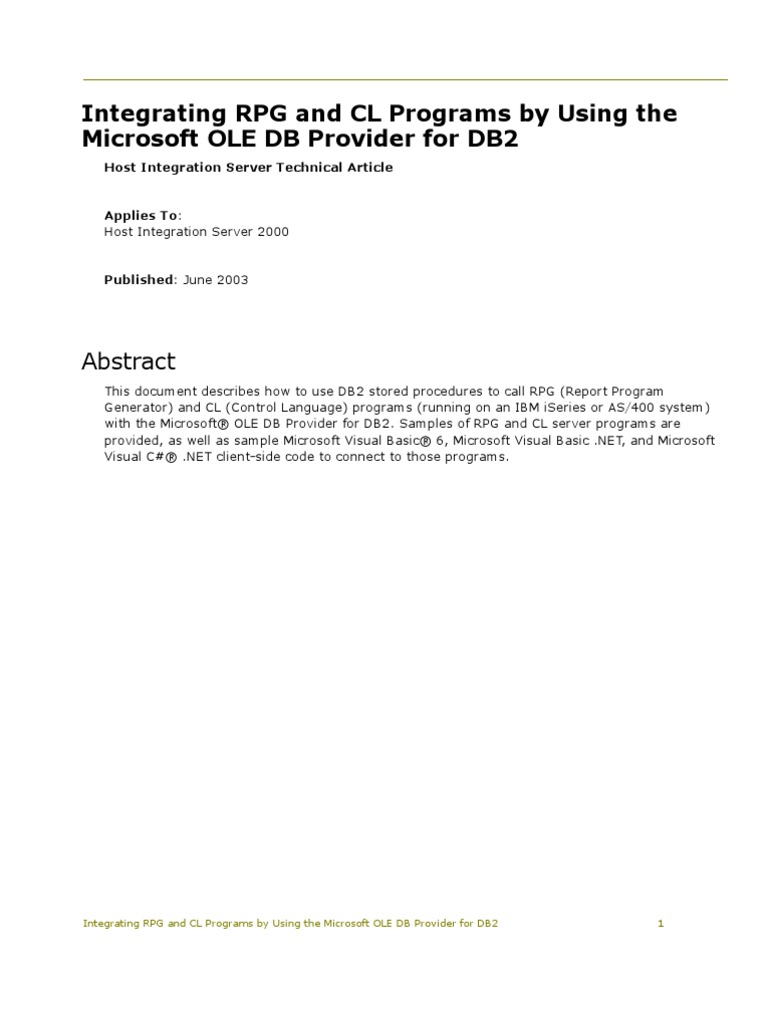 Integrating RPG and CL Programs by Using The Microsoft OLE DB Provider ...