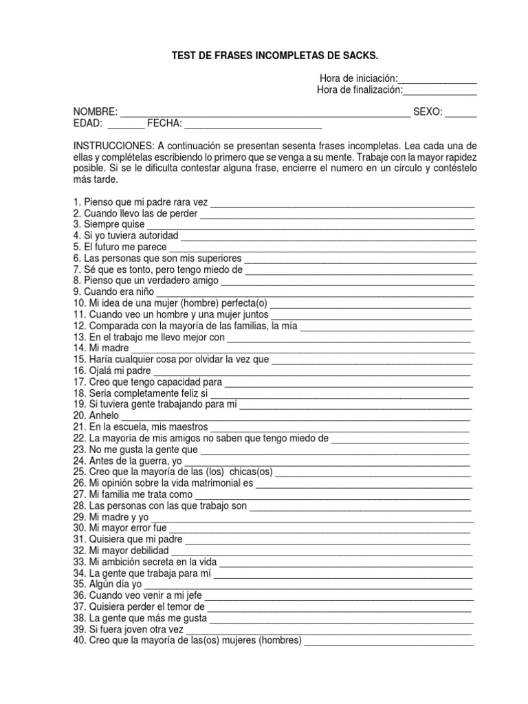 Test de Frases Incompletas de Sacks | PDF | Sicología | Bienestar