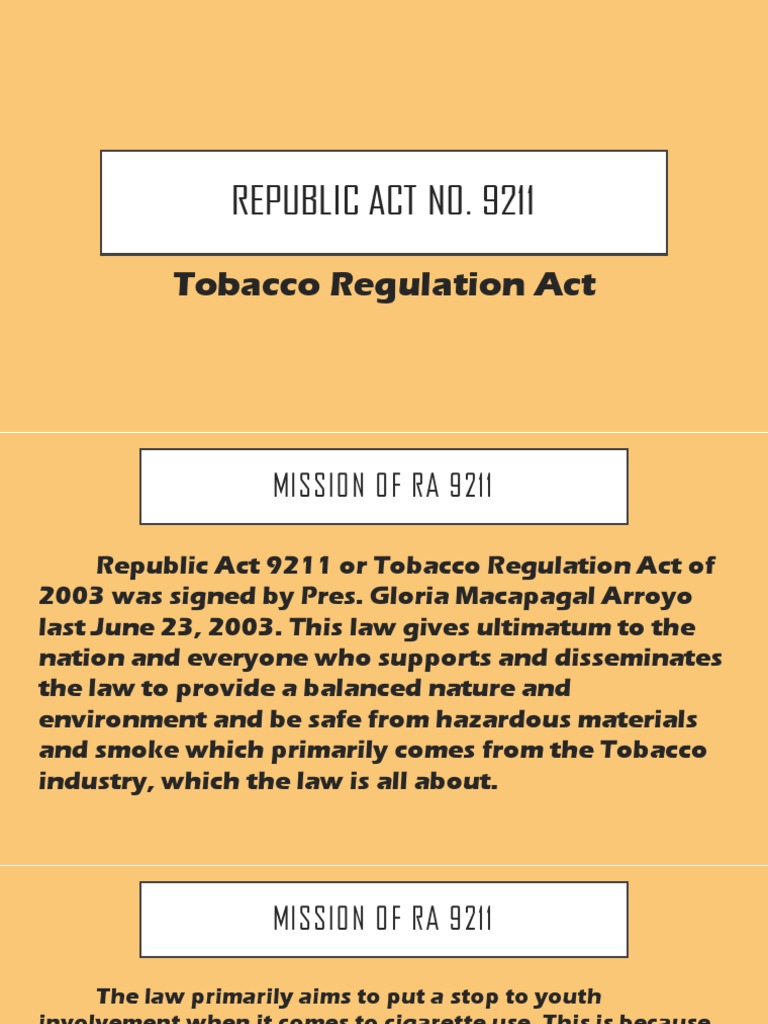 RA 9211 Tobacco Regulation Act Summary | PDF | Electronic Cigarette | Cigarette