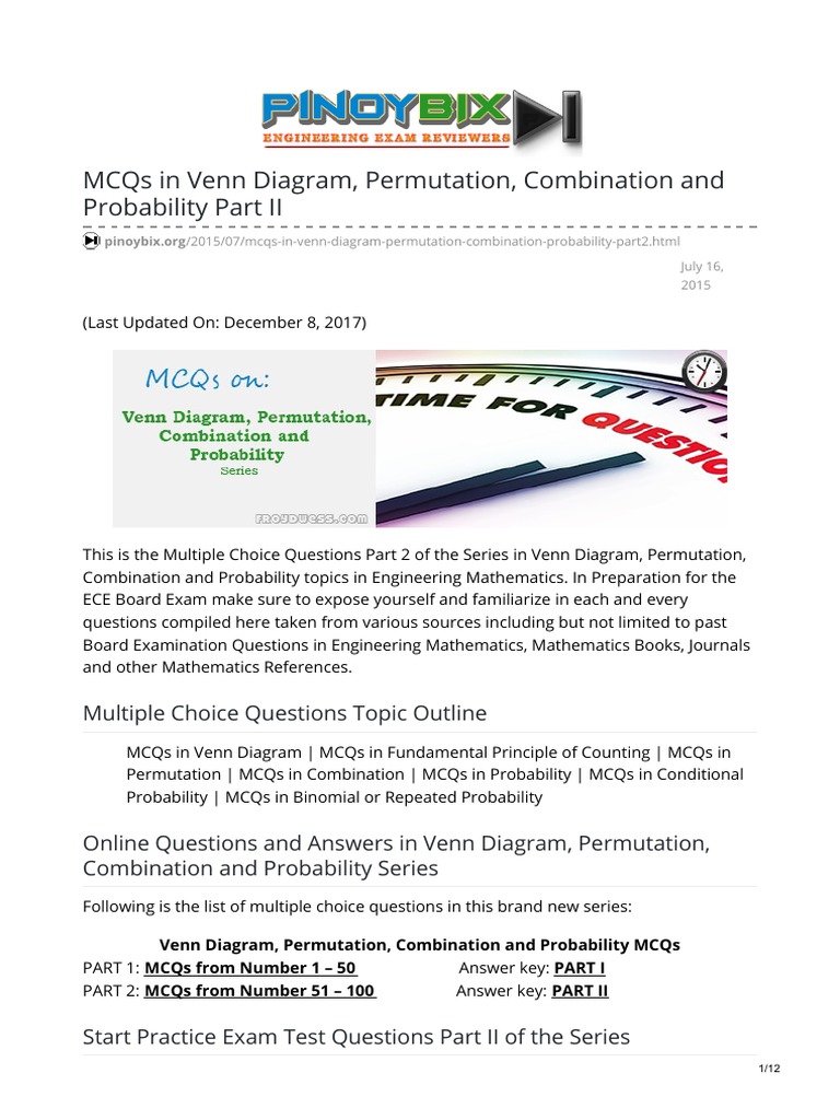 MCQs in Venn Diagram Permutation Combination and Probability Part II ...