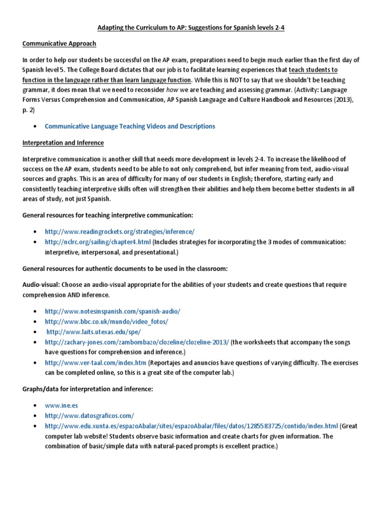 Spanish Curriculum Adaptingtothe AP | PDF | Reading Comprehension ...