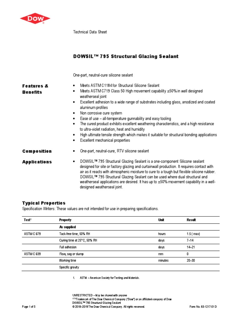 DOWSIL™ 795 Structural Glazing Sealant Technical Data Sheet | PDF | Silicone | Building Engineering