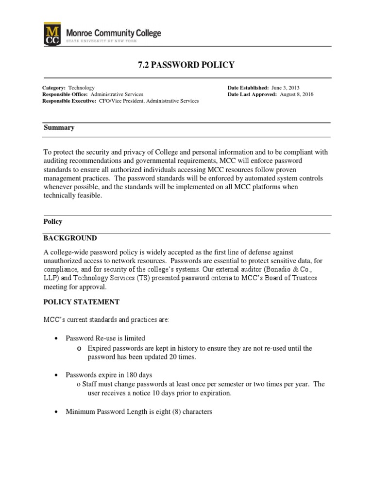 MCC Password Policy | PDF | Password | Access Control