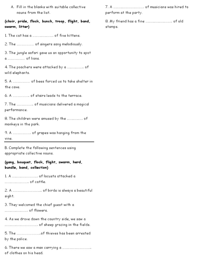 Collective Nouns Fill-in-the-Blanks Exercise | PDF