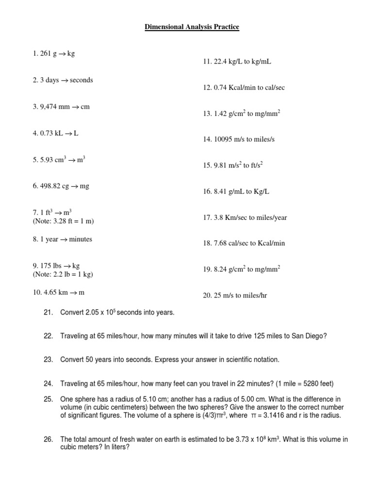 Dimensional Analysis Worksheet | PDF | Volume | Litre