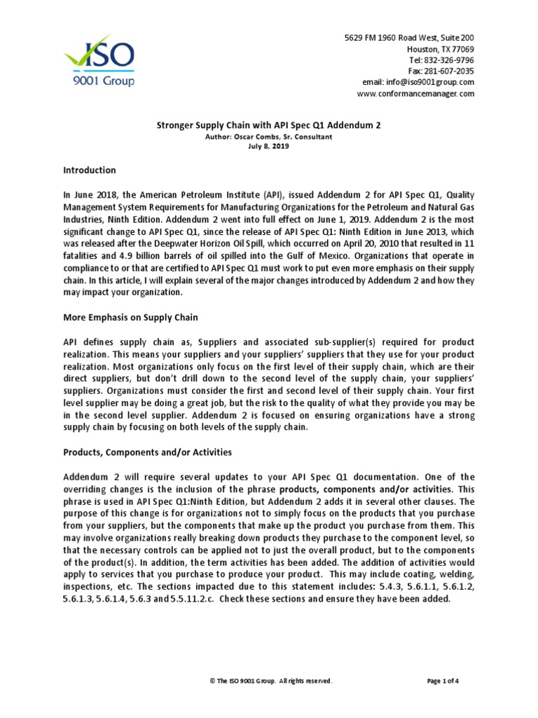 Stronger Supply Chain With API Spec Q1 Addendum 2 | PDF | Supply Chain | Iso 9000